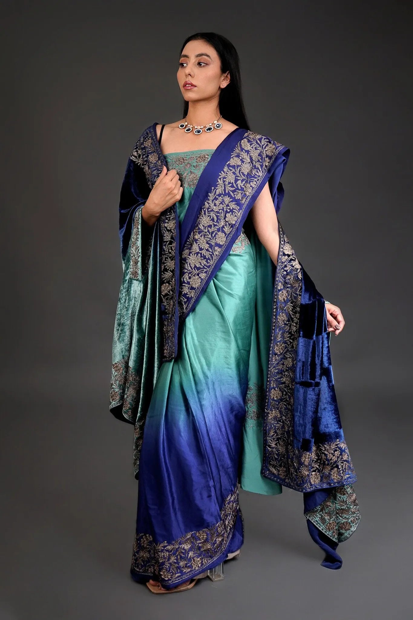 Ombre Blue & Green Gloss Velvet Tilla Thread Work Cape Shawl | Angad ...